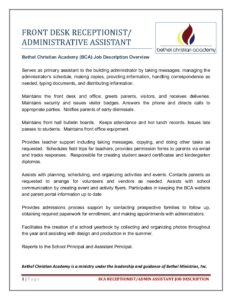 BCA Front Desk Admin Assistant Job Description 2024 Doc | Baugher Group ...